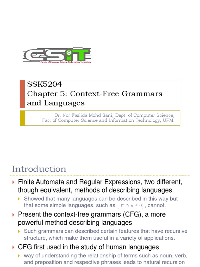 Ssk5204 Chapter 5 Context Free Grammars And Languages Pdf
