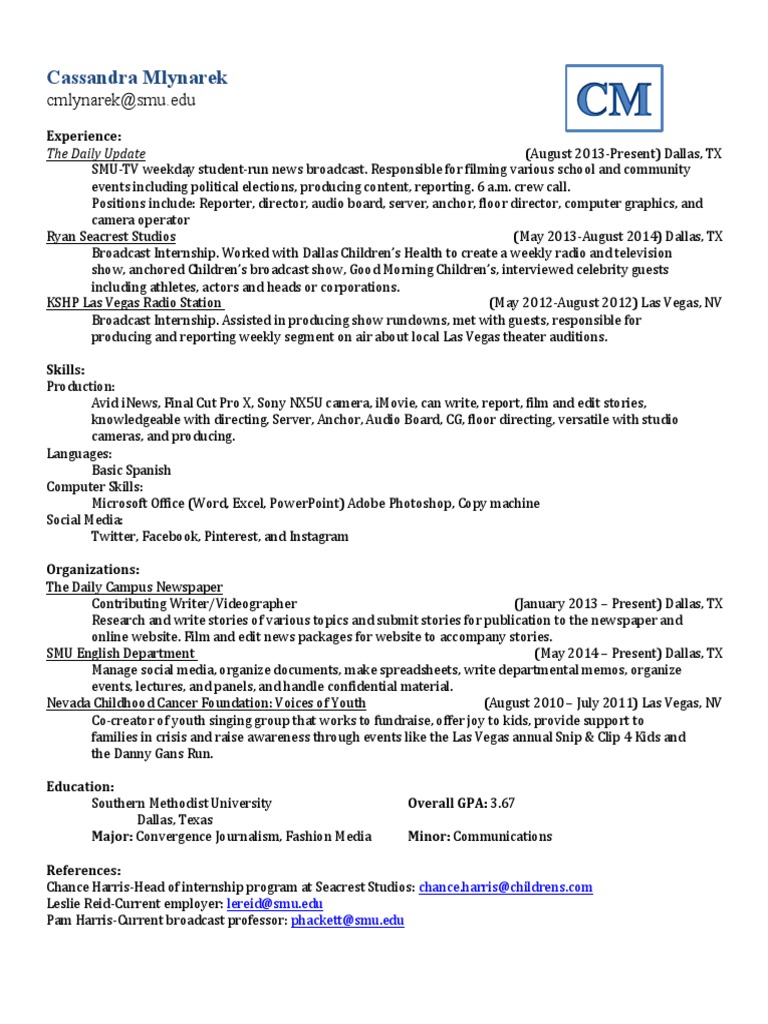 Cassandra Mlynarek Resume | PDF | Mass Media | Communication