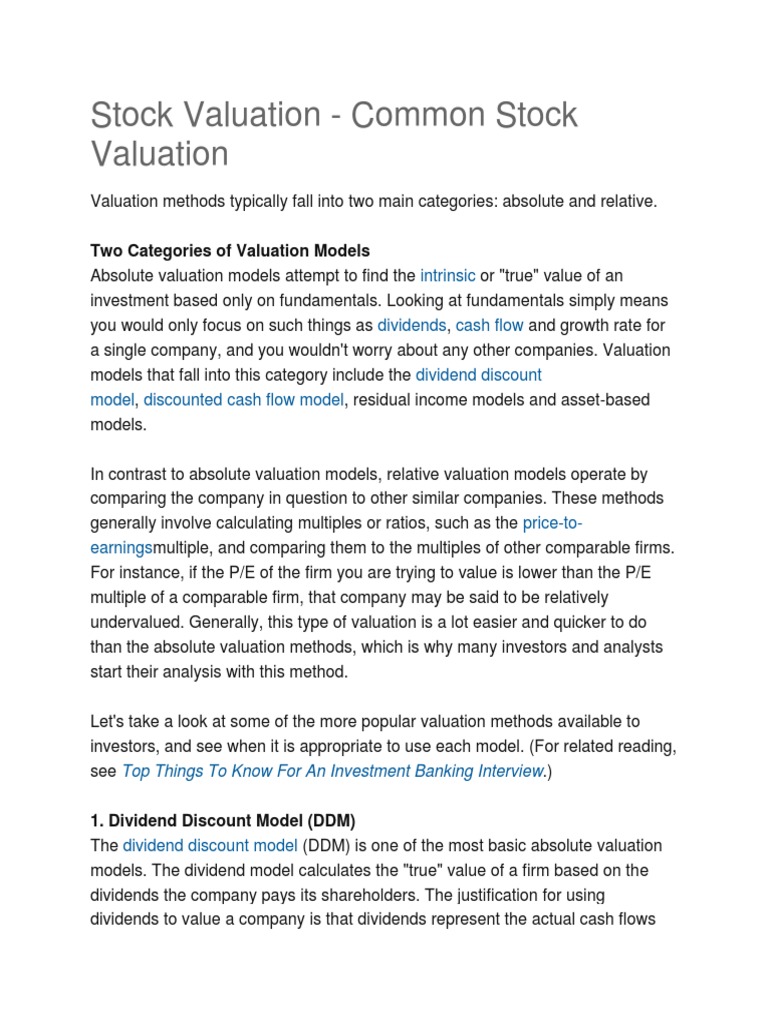 Stock Valuation Methods - Absolute vs Relative Models | PDF | Valuation ...