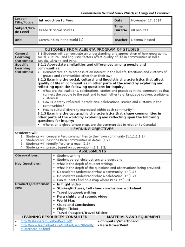 Peru Communities Lesson Plan | PDF | Traditions | Lesson Plan