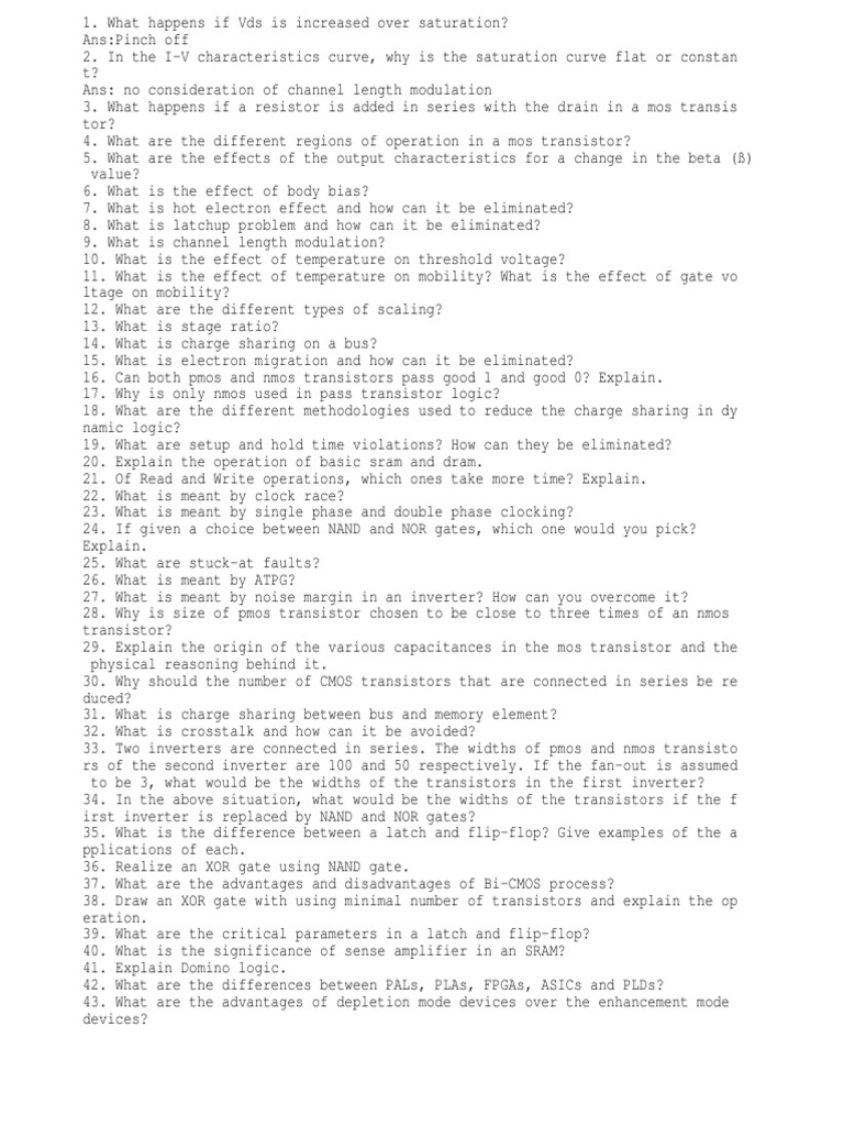 Vlsi Interview Questions | PDF | Mosfet | Cmos