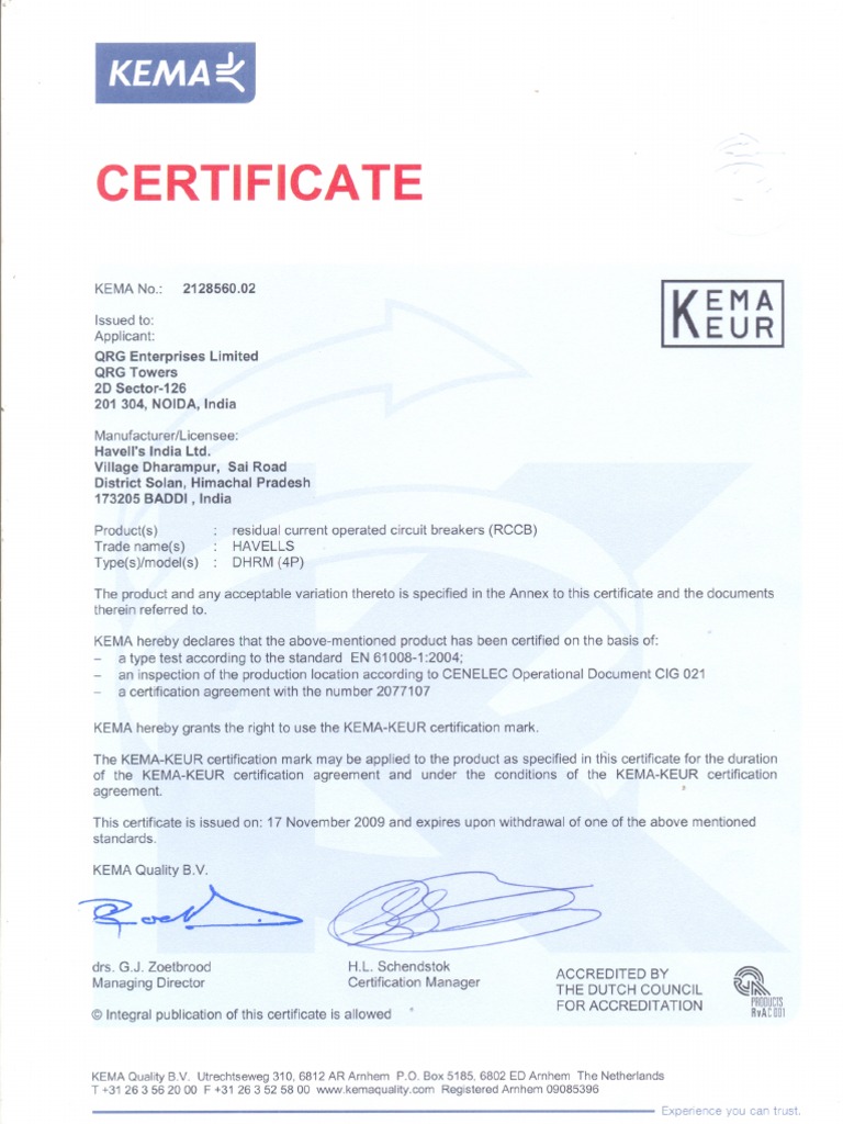 KEMA KEUR Certification | PDF