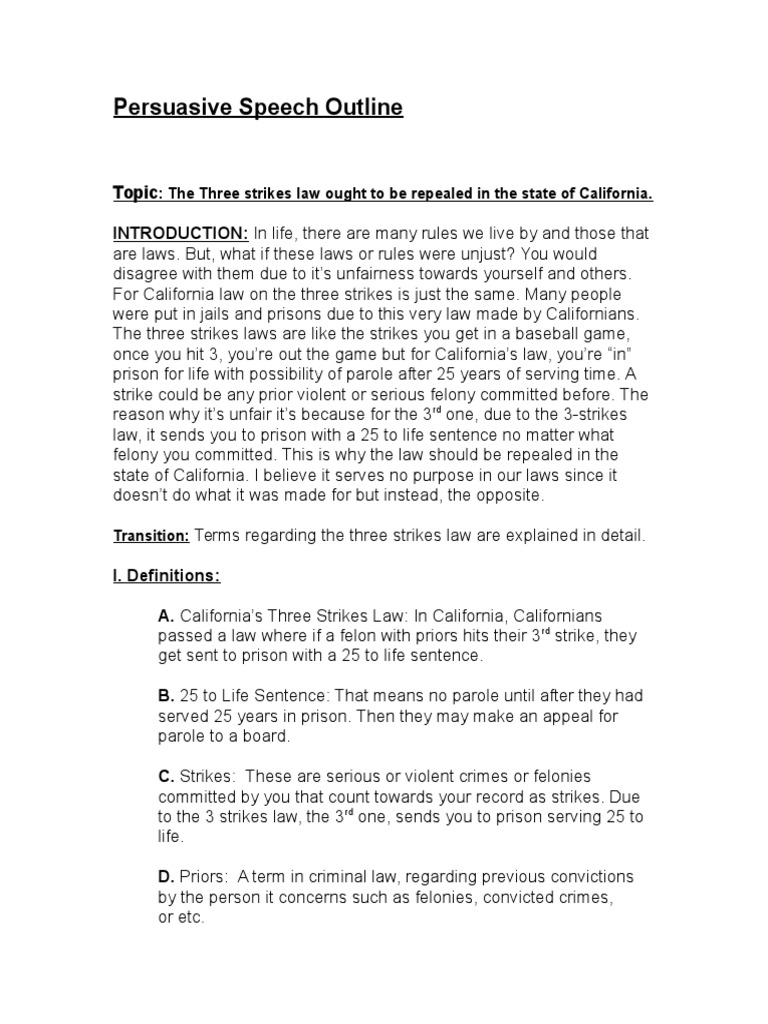 Persuasive Speech Outline: Topic | Download Free PDF | Three Strikes ...