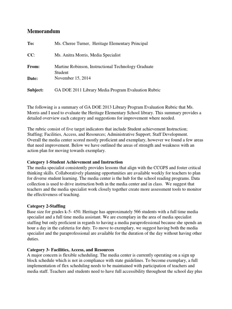 Georgia Library Evaluation Rubric Memo | PDF | Program Evaluation | Rubric (Academic)