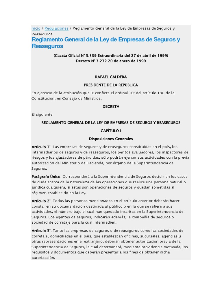 Reglamento de La Ley de Empresas de Seguros y Reaseguros | PDF | Seguro | Póliza de seguros