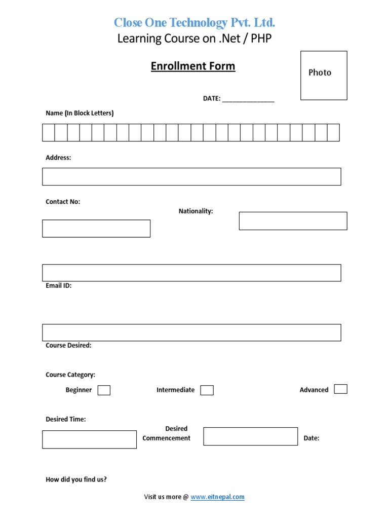 Enrollment Form for .Net/PHP Course | PDF | Social Science
