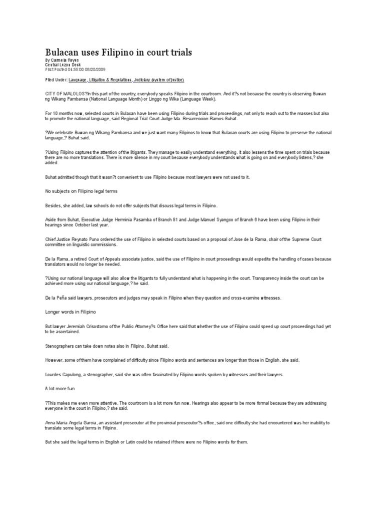 Bulacan Uses Filipino in Court Trials | PDF | Lawyer | Judiciaries