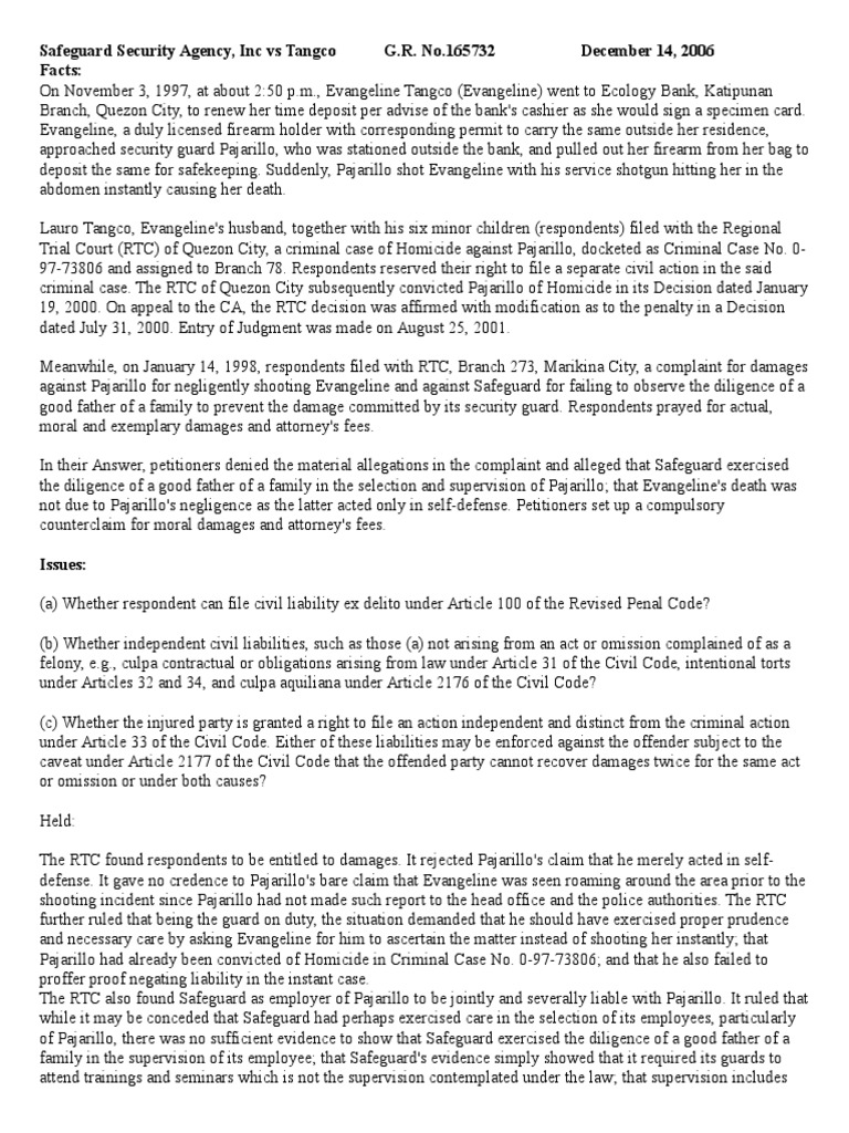 Torts Safe Guard Security Vs Tangco | PDF | Lawsuit | Negligence
