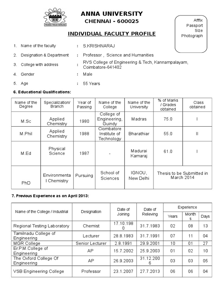 Anna University: CHENNAI - 600025 Individual Faculty Profile | PDF