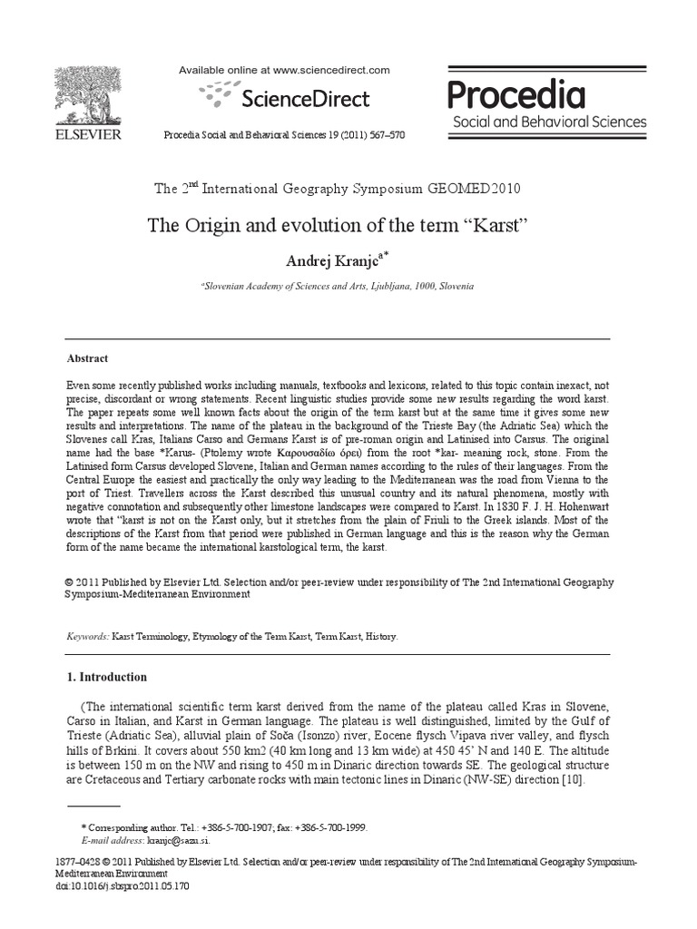 The Origin and Evolution of The Term "Karst", Andrej Kranjc, 2010 | PDF ...