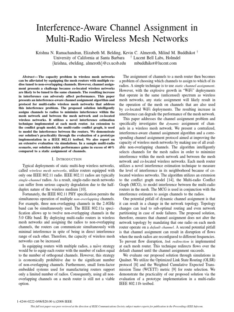 Interference-Aware Channel Assignment in Multi-Radio Wireless Mesh Networks | PDF | Network ...