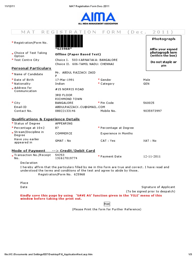 MAT Registration Form Dec | PDF
