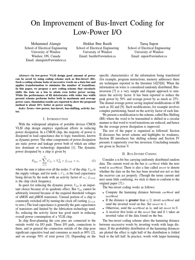 Improvement of Bus-Invert Encoding | PDF | Integrated Circuit | Cmos