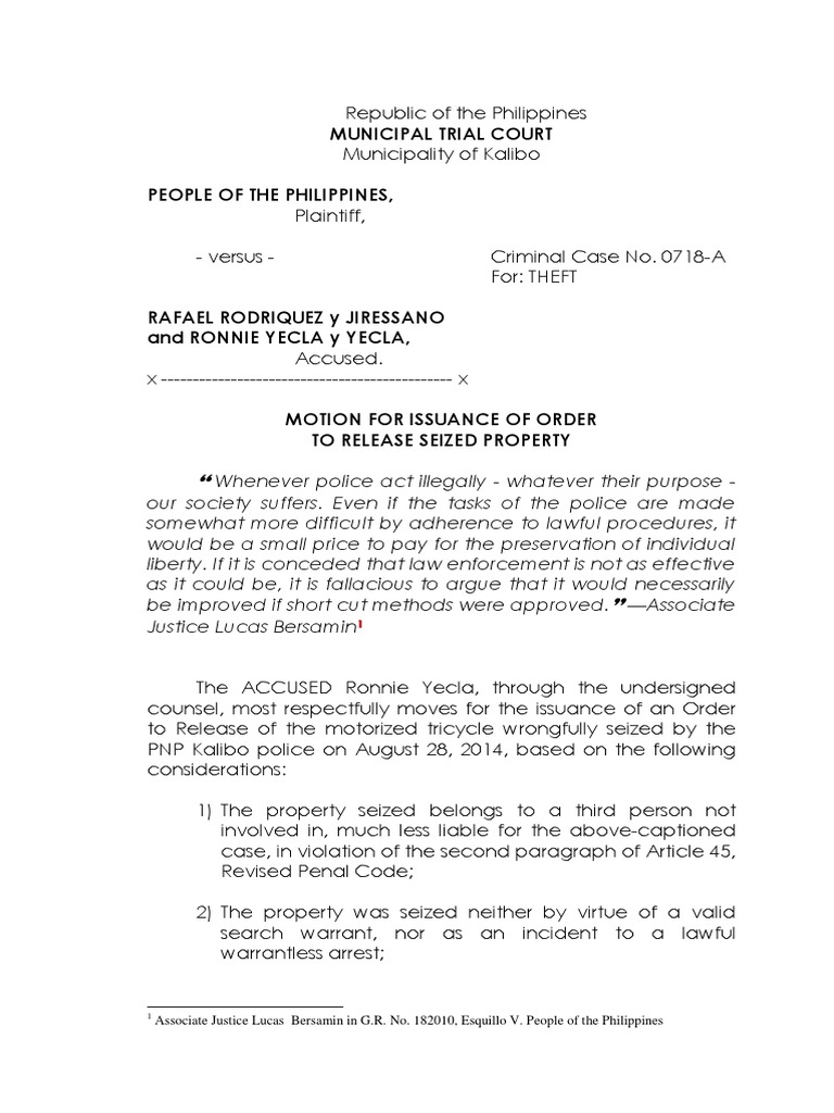 Motion for Release of Seized Property | Search And Seizure | Search Warrant