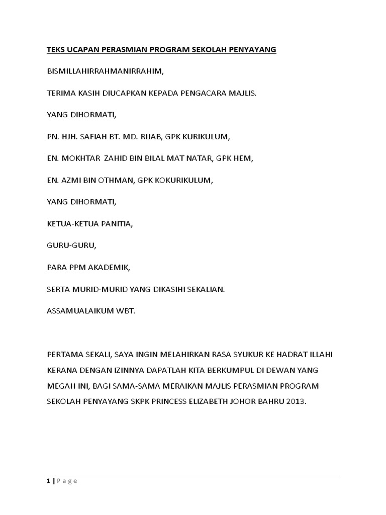 Teks Ucapan Perasmian Program Sekolah Penyayang | PDF