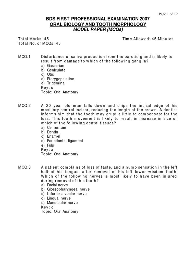 Oral Biology and Tooth Morphology Multiple Choice Questions Exam | PDF