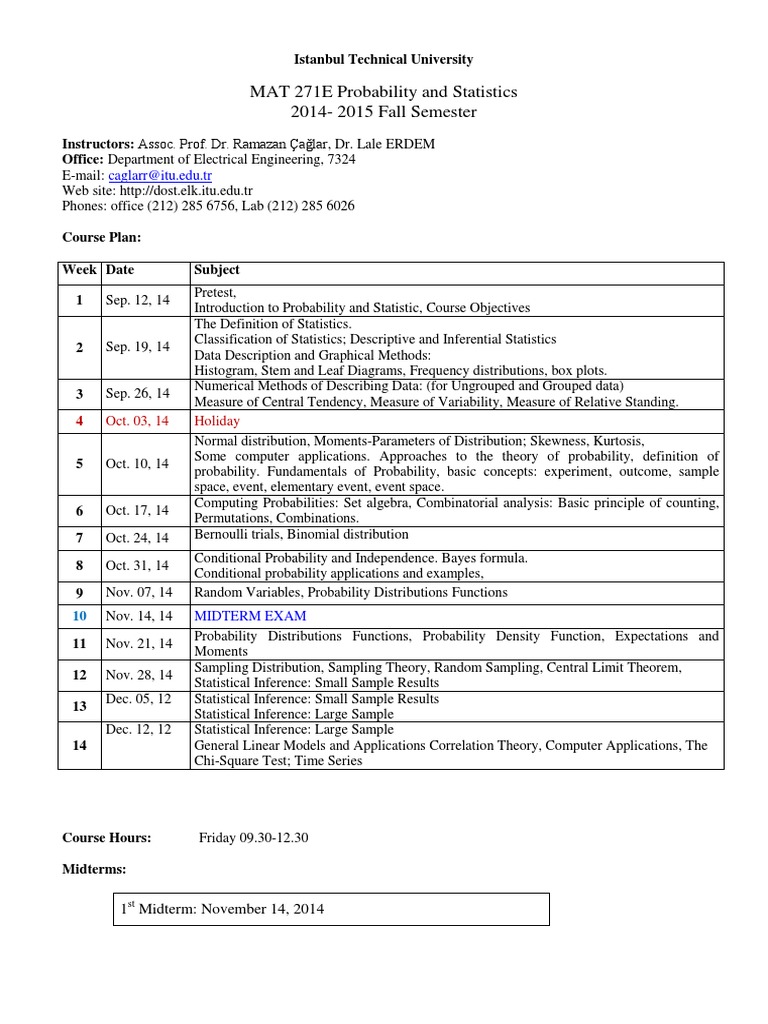 Syllabus of Probability and Statistics Fall 2014-2015 | Probability ...