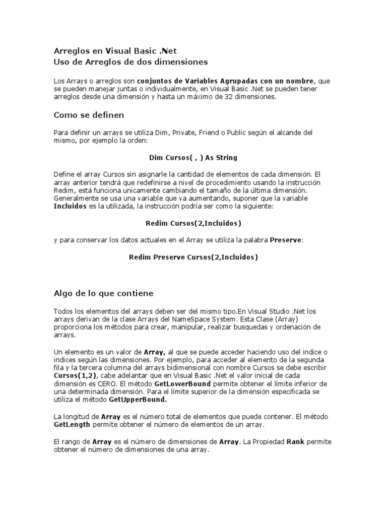 Arreglos en Visual Basic | PDF | Estructura de datos de matriz | Lenguaje de programación