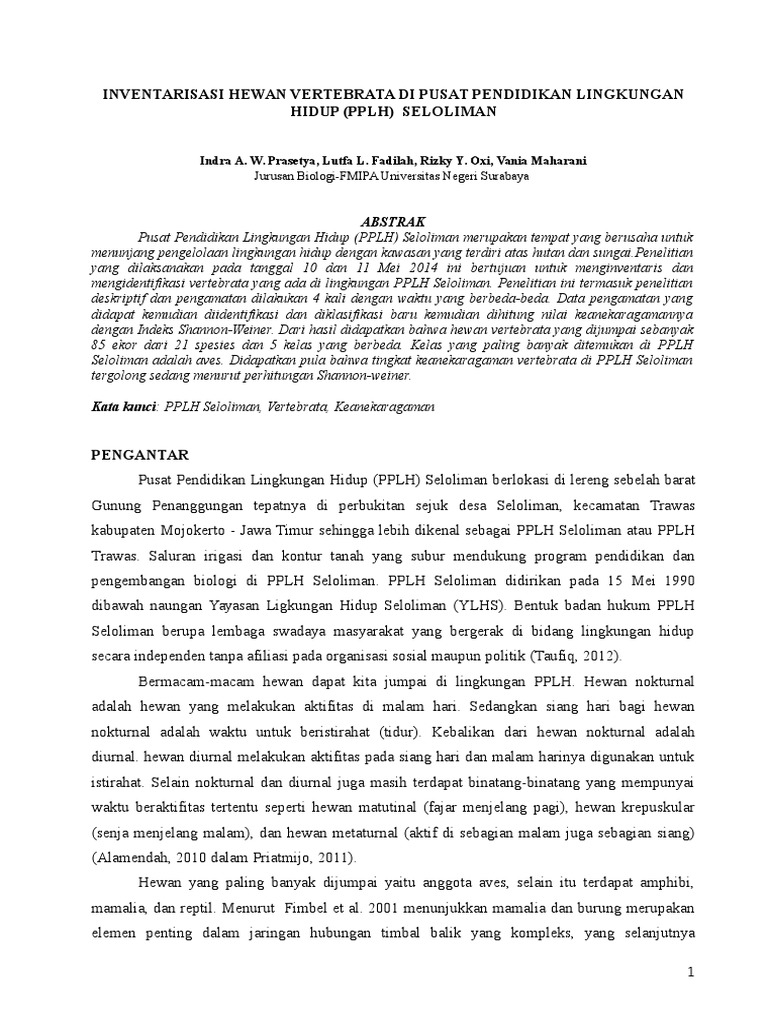 Jurnal Inventarisasi Hewan Vertebrata Di Pusat Pendidikan Lingkungan ...