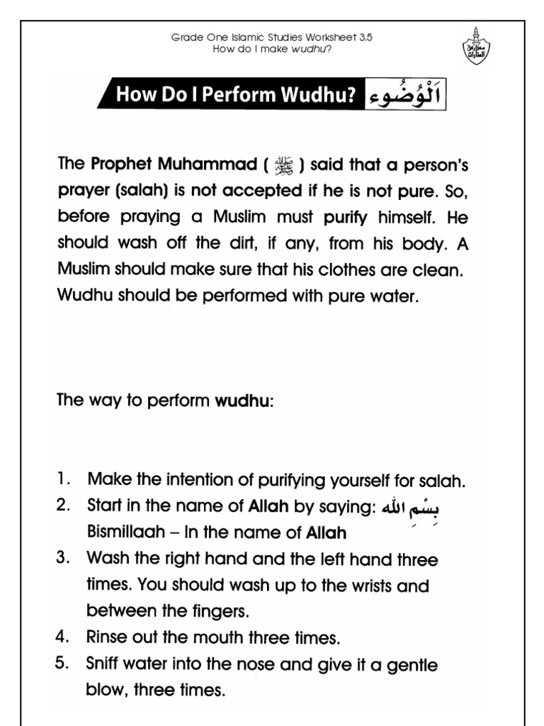 Grade 1 Islamic Studies - Worksheet 3.5 - How Do I Perform Wudhu | PDF
