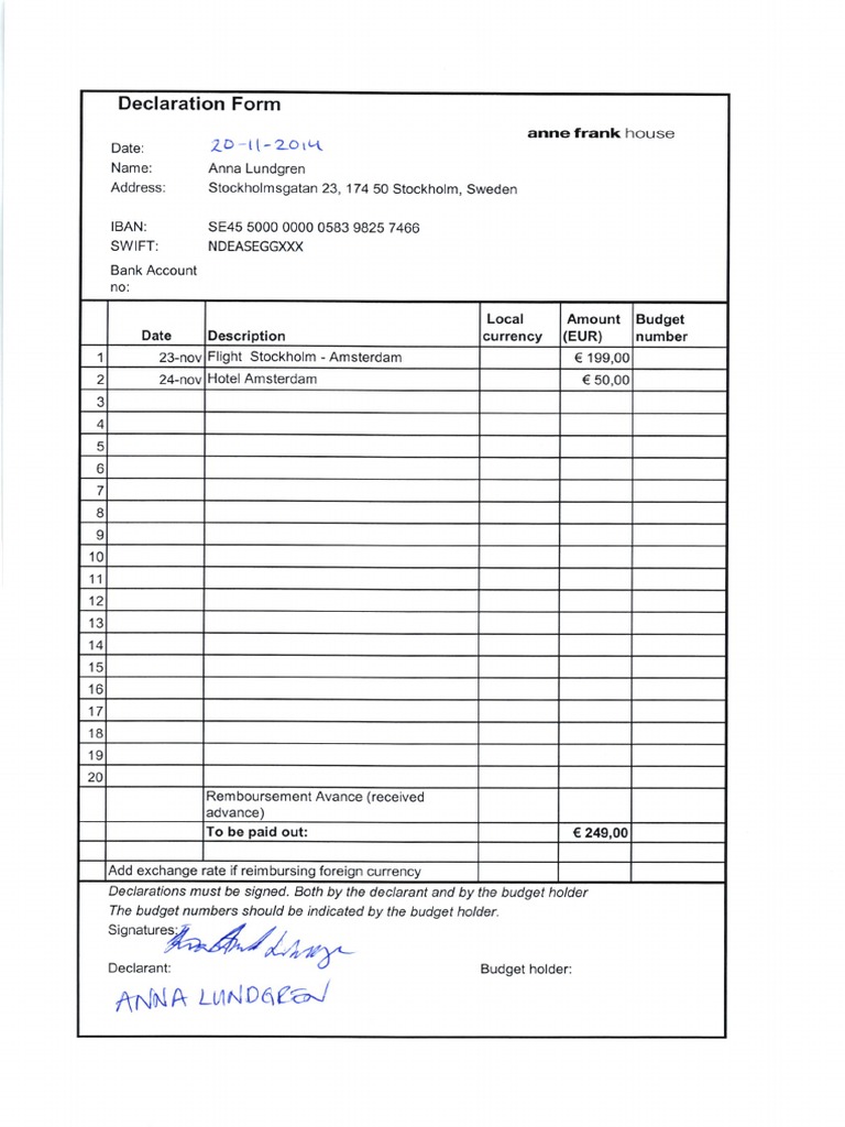Travel Expense Declaration Form | PDF | World Economy | Banking