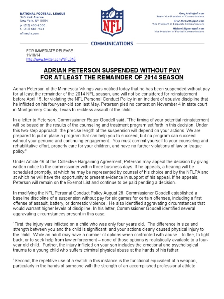 NFL Peterson Letter | PDF