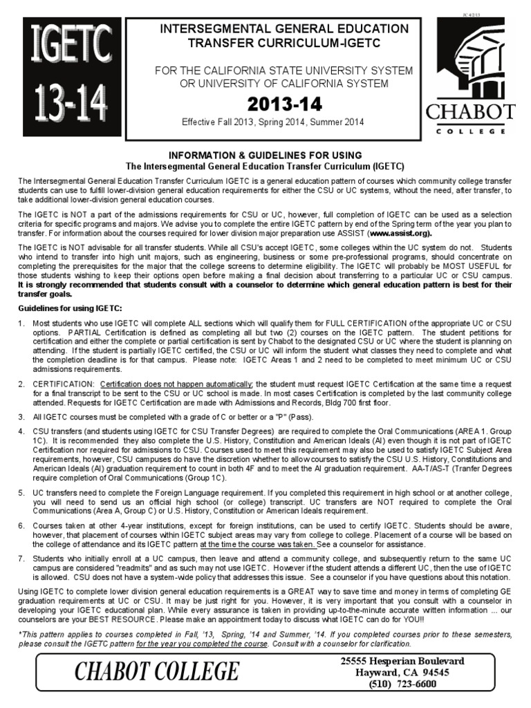 Chabot College: Intersegmental General Education Transfer Curriculum ...