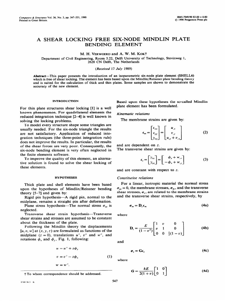 A Shear Locking Free Six-Node Mindlin Plate Bending Element | PDF | Deformation (Mechanics ...