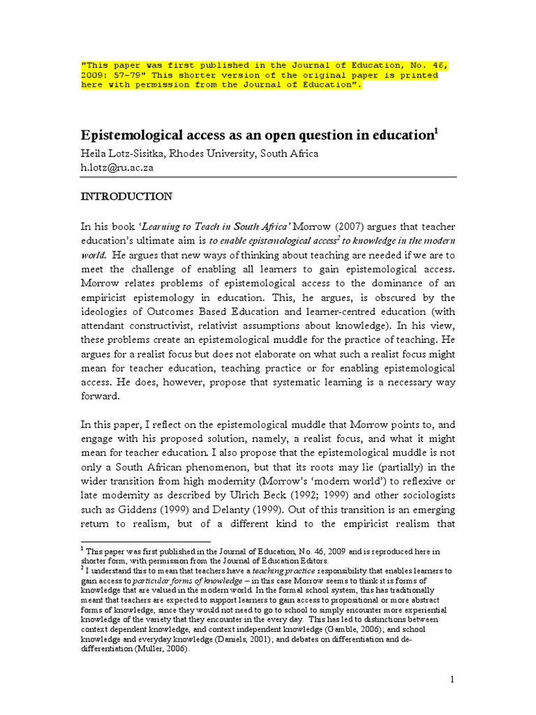 Epistemological Access in Teacher Education | PDF | Epistemology ...