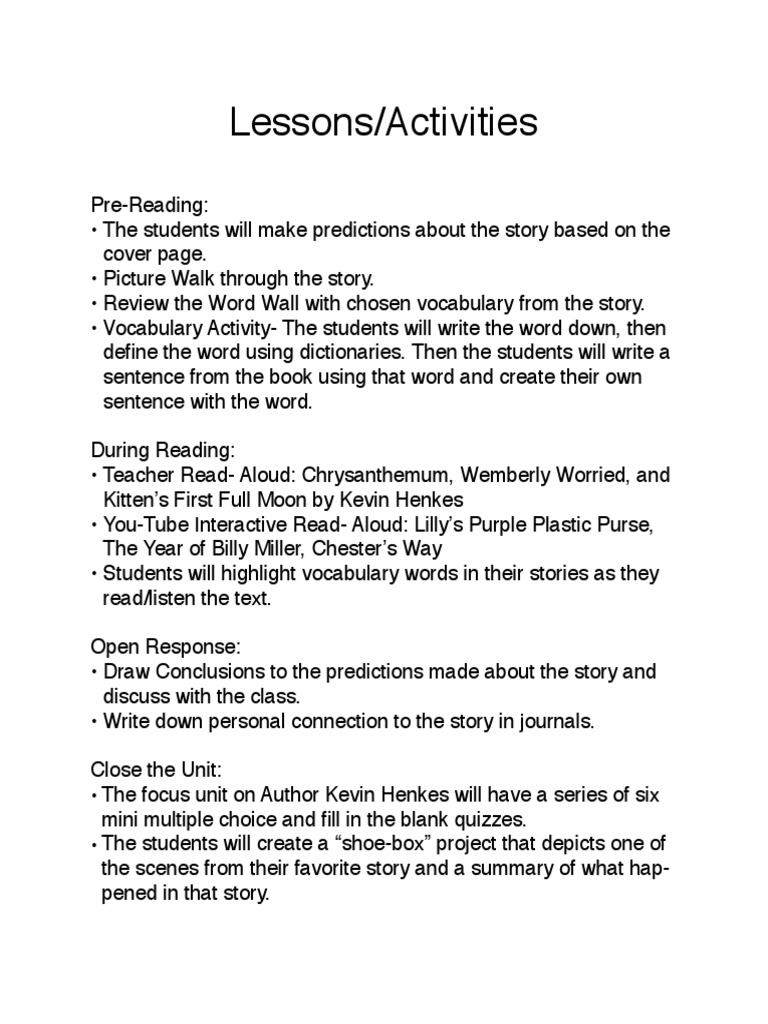 Engaging Activities for Kevin Henkes Stories | PDF