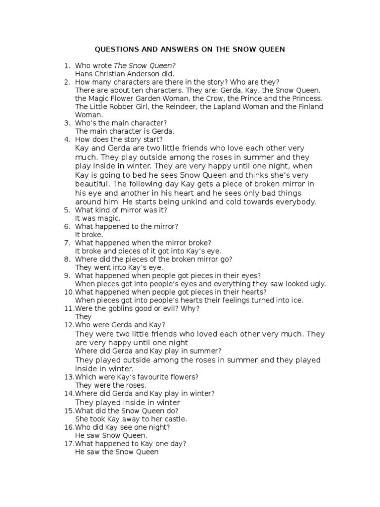 Questions and Answers On The Snow Queen | PDF | The Snow Queen | Leisure