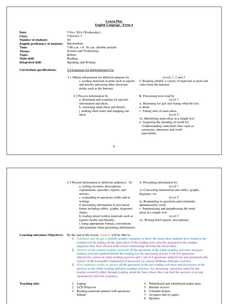 Lesson Plan 1 Double Period | PDF | Reading (Process) | Lesson Plan