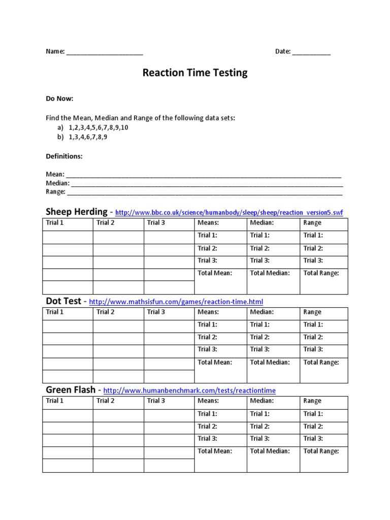 Reaction Time Testing and Analysis | PDF | Teaching Methods & Materials