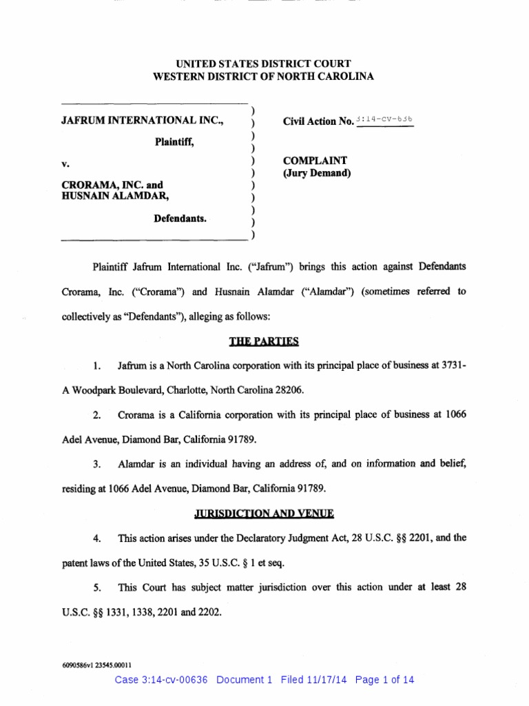 Jafrum Int'l v. Crorama - Complaint | PDF | Declaratory Judgment ...