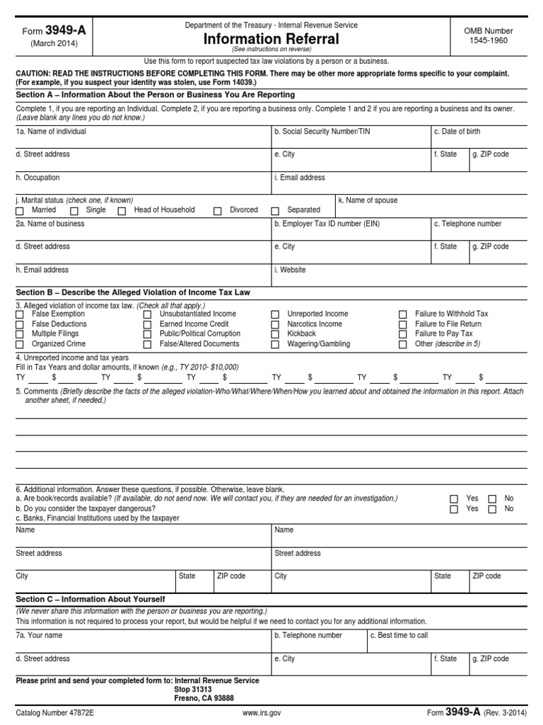 The new IRS form 3949 a revised in March 2014 | Internal Revenue ...