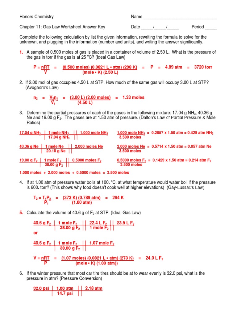 Gas Law Worksheet Answer Key | PDF | Gases | Mole (Unit)