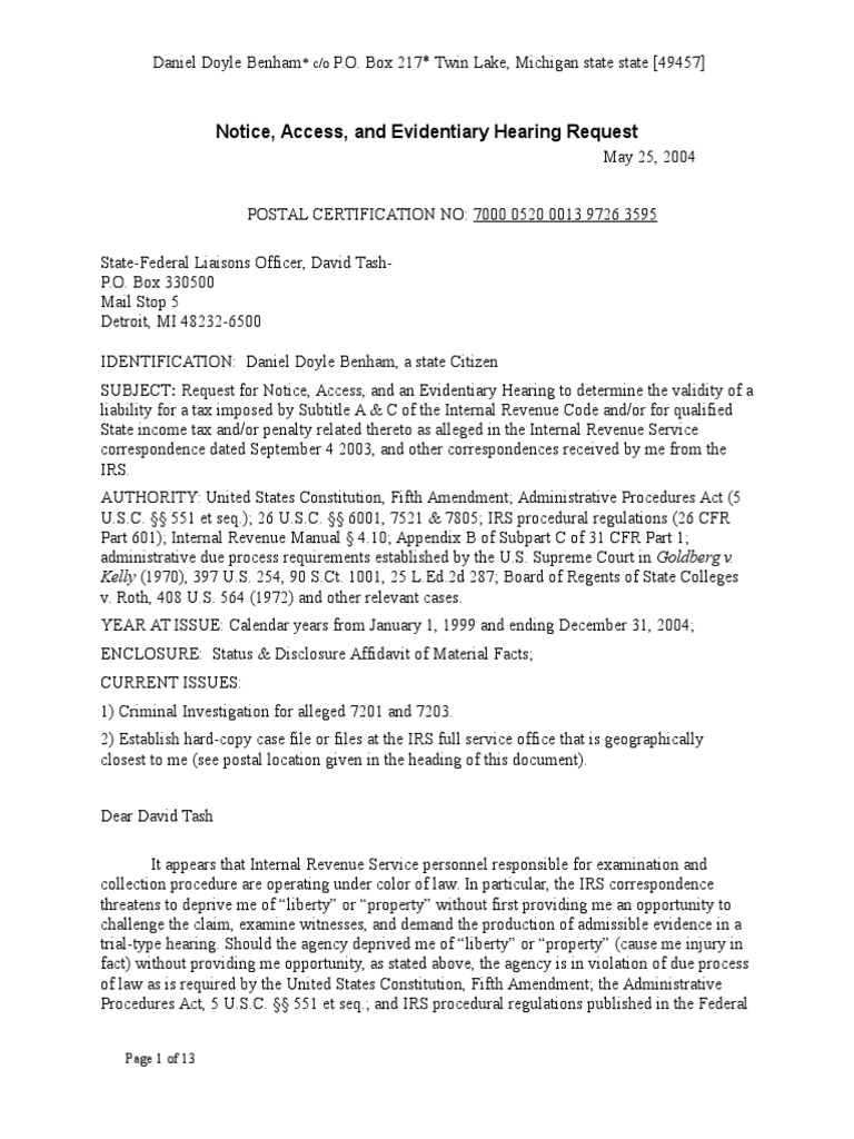 Evidentiary Hearing Request | PDF | Internal Revenue Code | Internal ...