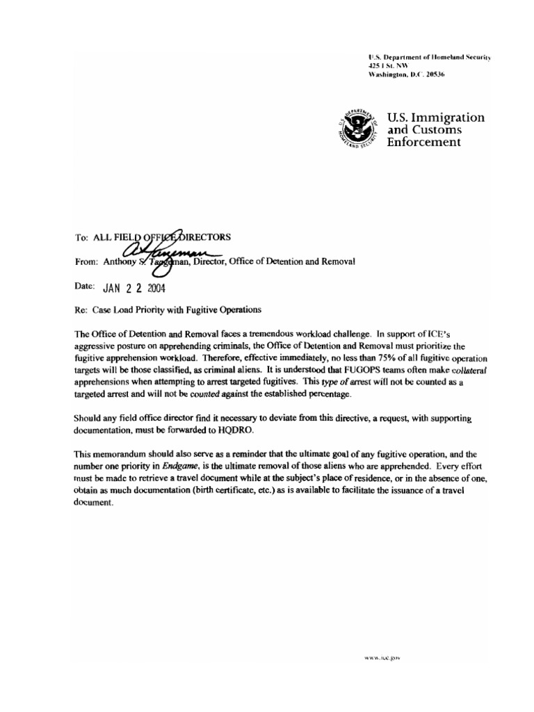 ICE Guidance Memos - Fugitive Operations | PDF | U.S. Immigration And ...