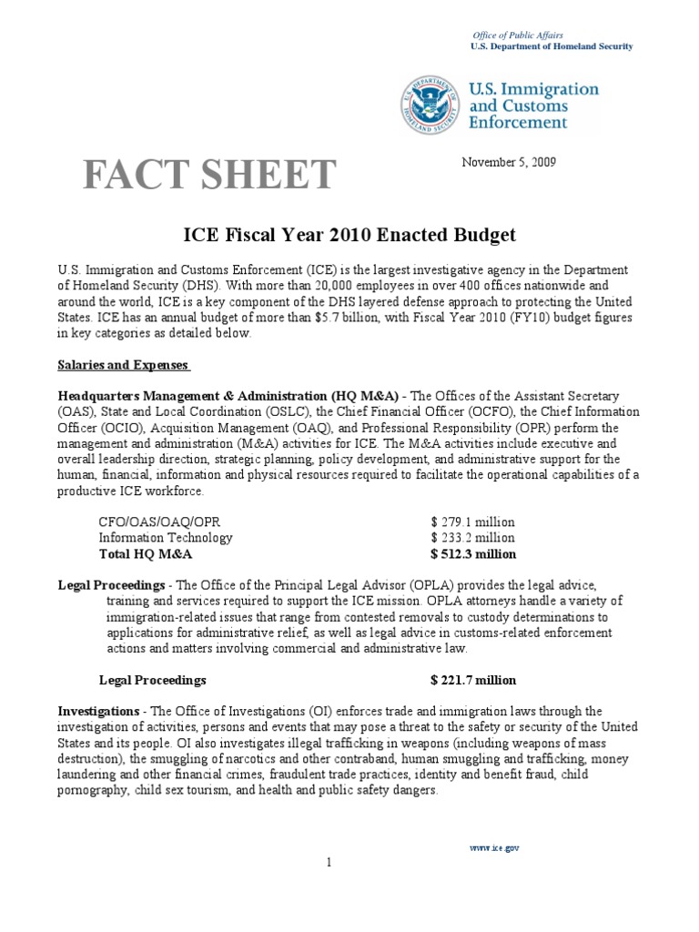 Fact Sheet: ICE Fiscal Year 2010 Enacted Budget | PDF | U.S ...