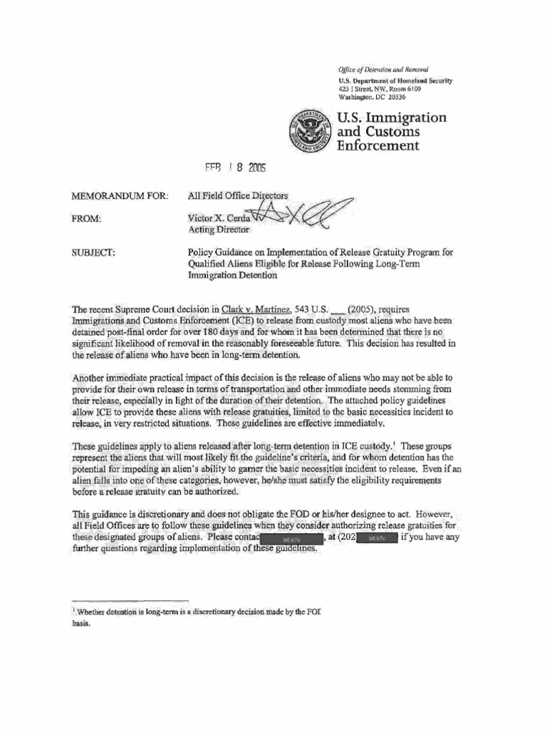 ICE Guidance Memo - Implementation of Release Gratuity Program For ...