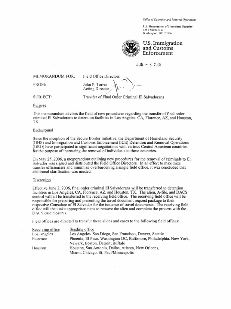 ICE Guidance Memo - Transfer of Final Order Criminal El Salvadorans (6 ...