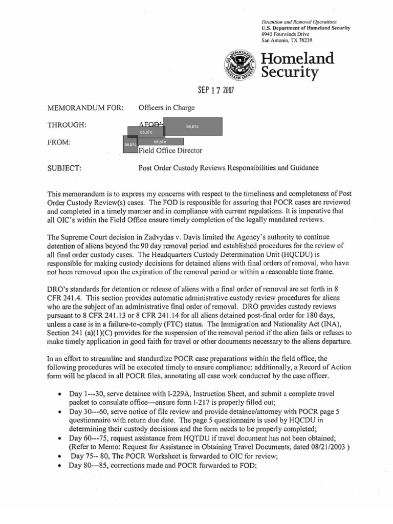 ICE Guidance Memo - Post Order Custody Reviews Responsibilities and ...