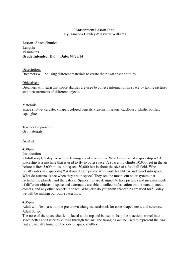 Space Shuttle Craft Lesson Plan K-5 | PDF | Space Shuttle | Outer Space