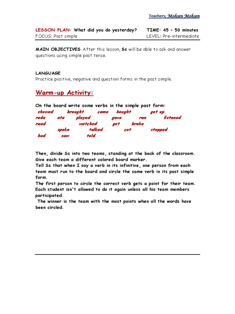 Pre-Intermediate Past Tense Lesson | PDF | Lesson Plan | Verb