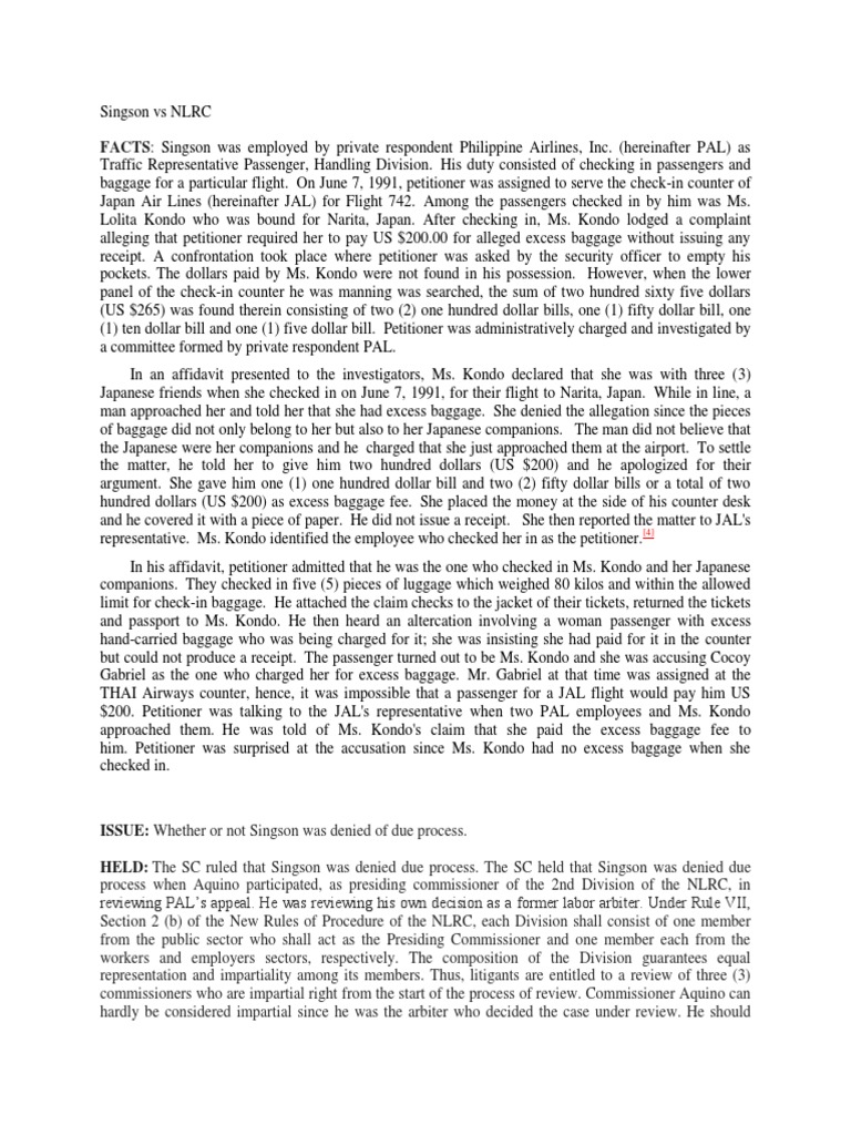 Singson Vs NLRC - Docx Procedural Due Process | PDF | Baggage | Government