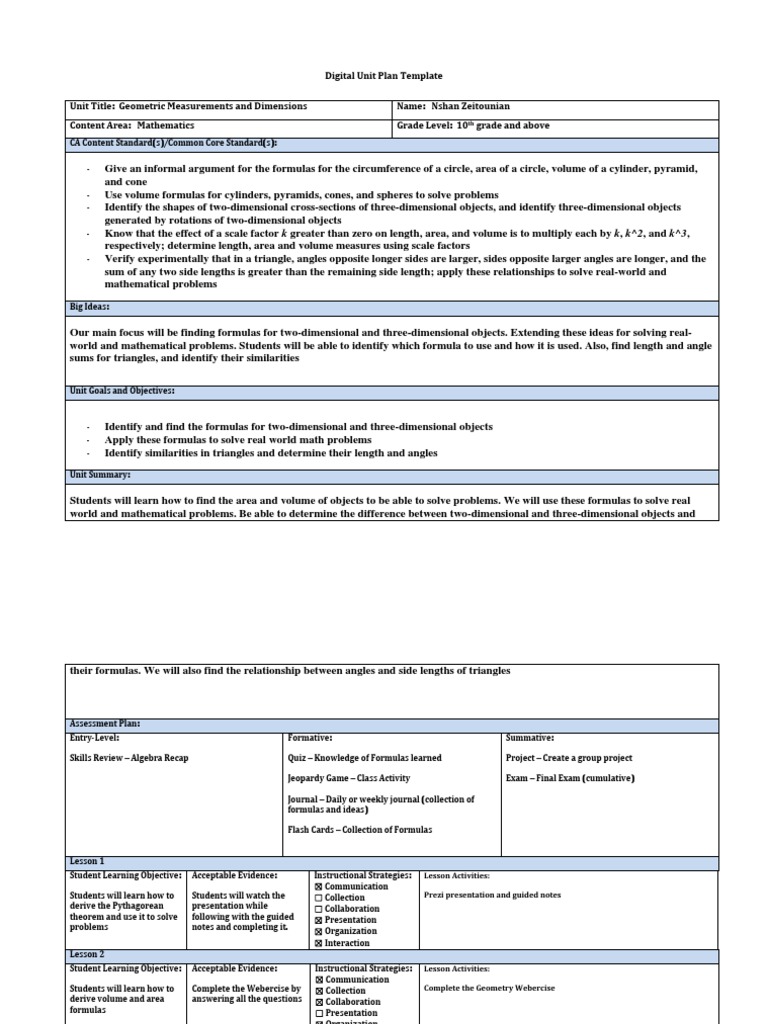 Digital Unit Plan Template | PDF | Area | Volume