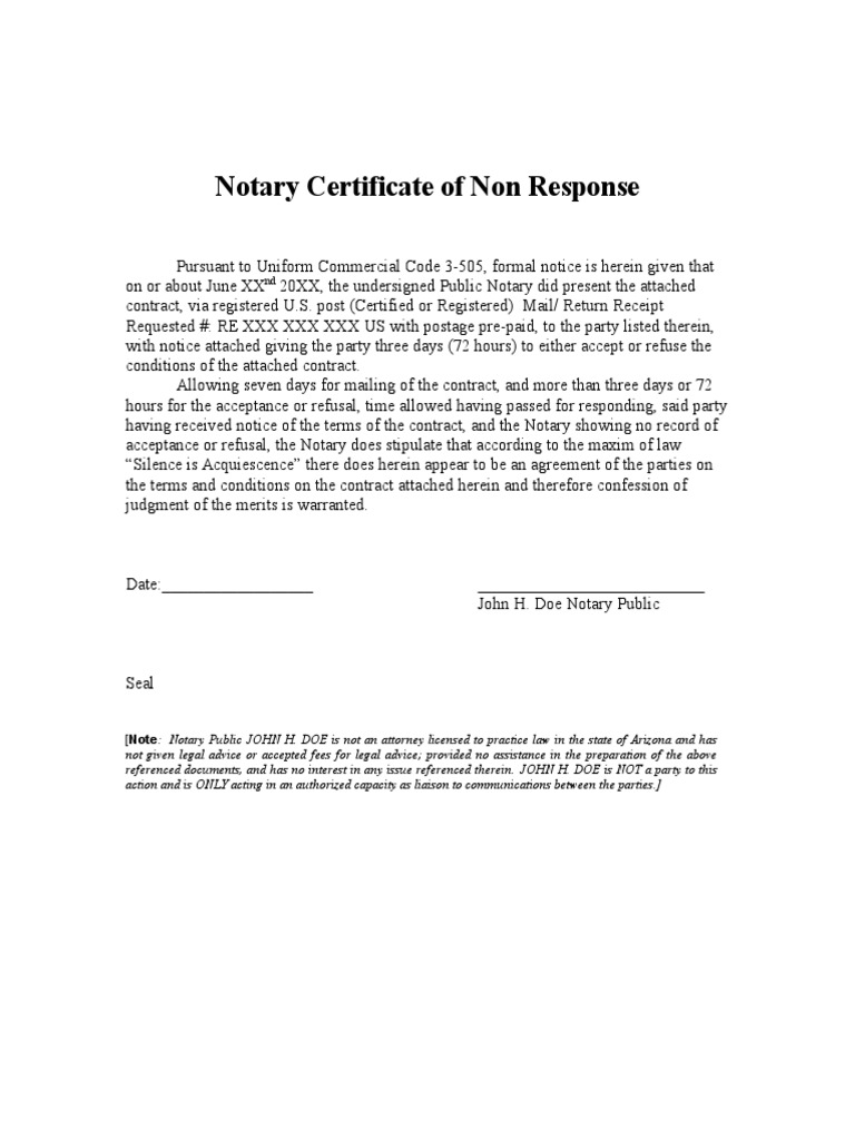 Notary Certificate of Non Response