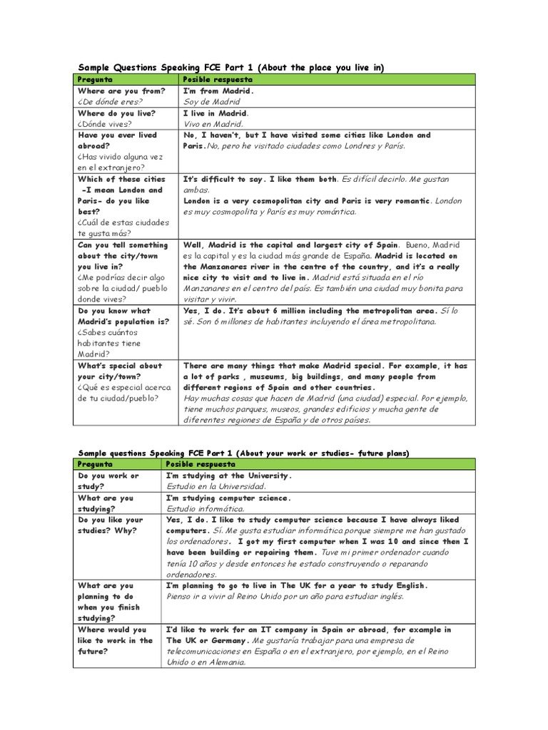 Sample Questions Speaking FCE Part 1 | PDF