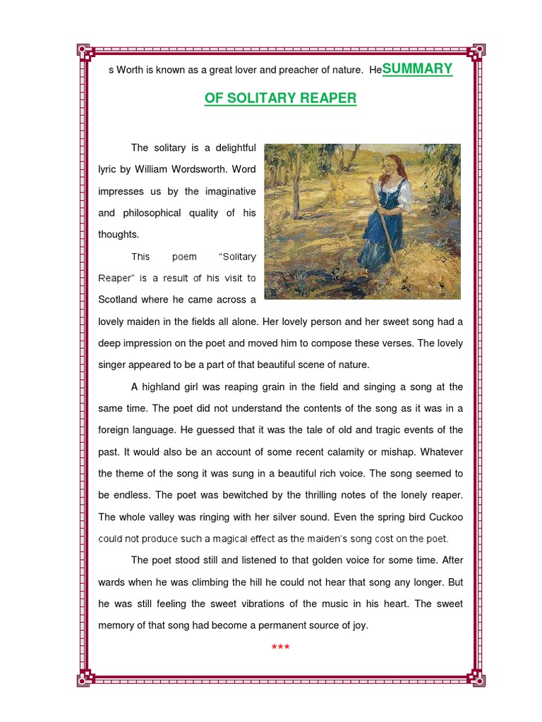Summary of Solitary Reaper | PDF | William Wordsworth | William Shakespeare