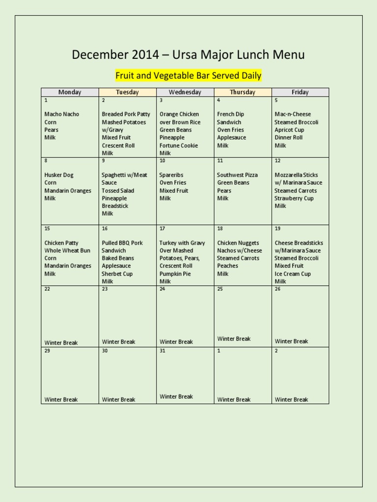 School Lunch Menu: December 2014 | PDF